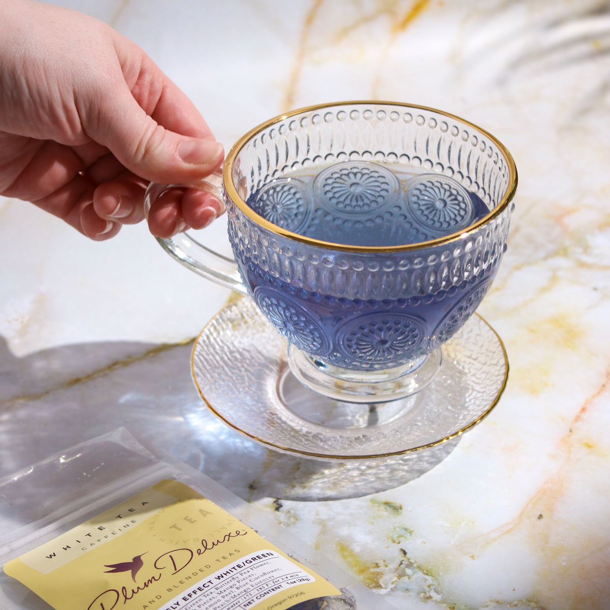 Café Society Glass Teacup & Saucer – Plum Deluxe Tea